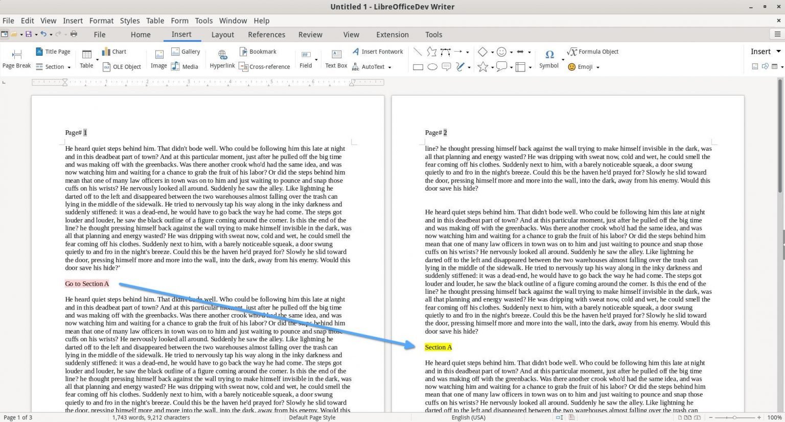 Create Link to a Section of the Same Document in LibreOffice Writer
