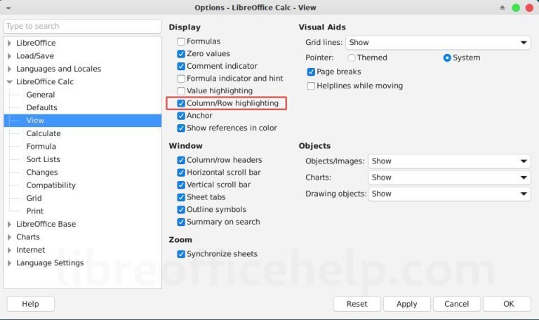 Highlight Rows And Columns Of Active Cell In Libreoffice Calc